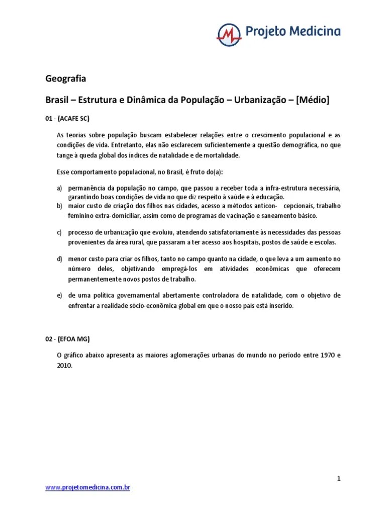 Brasil - Estrutura E Dinâmica Da População - Urbanização - (Médio ...