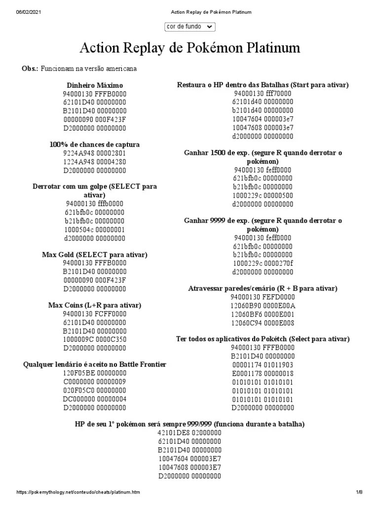 Action Replay De Pokémon Platinum | PDF | Pokémon | Empresas De ...