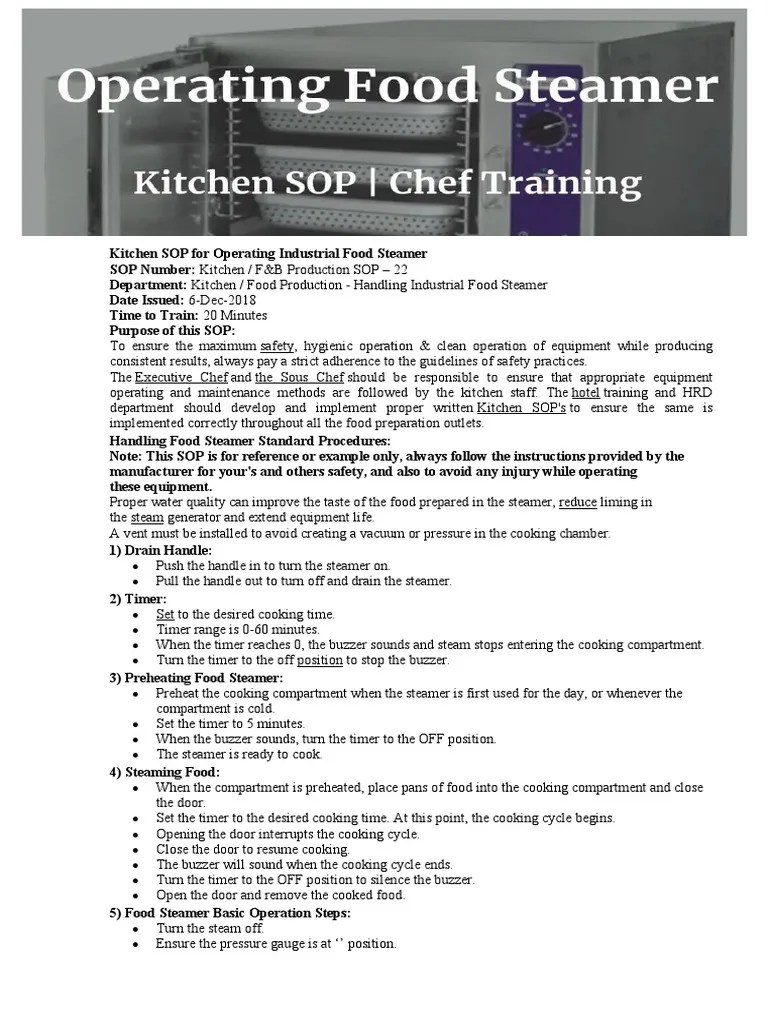 Kitchen SOP For Operating Industrial Food Steamer | PDF | Kitchen | Foods