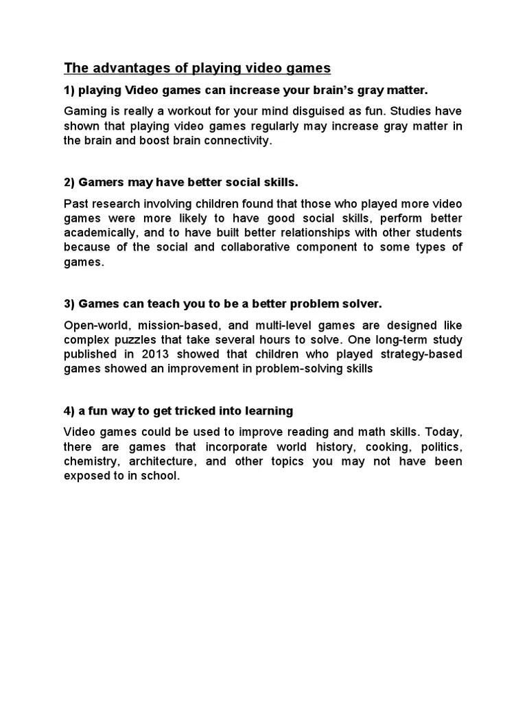 The Advantages And Disadvantages Of Playing Video Games | PDF | Video ...