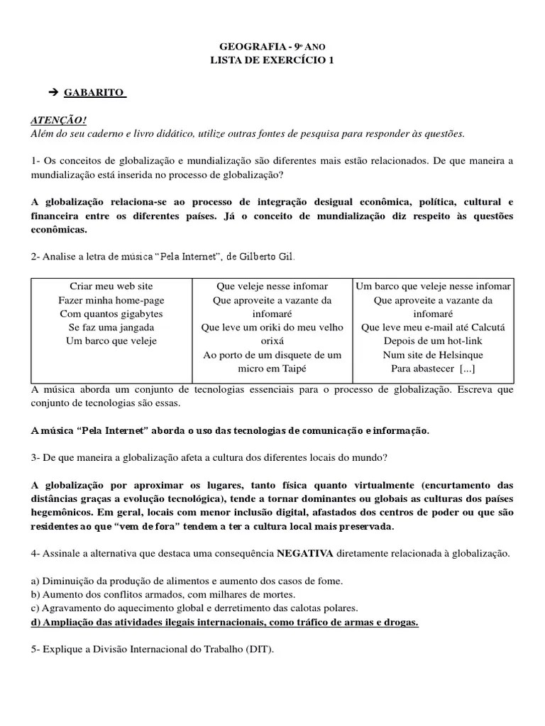 GABARITO-Lista-de-Exercício-1-9°ano-–-Geografia | PDF