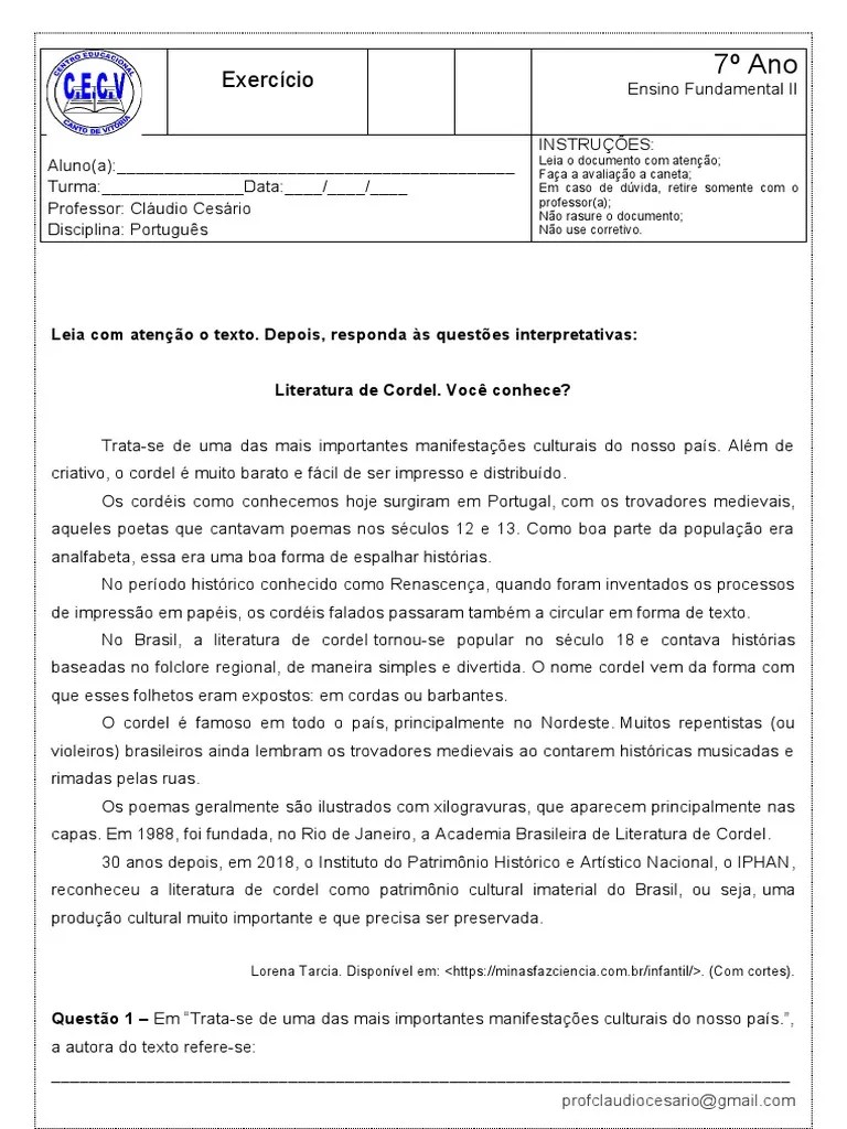 Interpretacao De Texto Literatura De Cordel 5o Ano Word | PDF