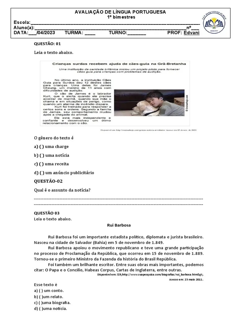 Avaliação De Portugues 5 Ano 1 Bimestre | PDF | Comunicação