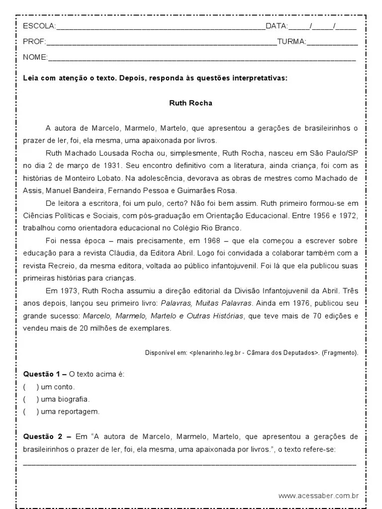 Interpretacao De Texto Ruth Rocha 5o Ano Word | PDF