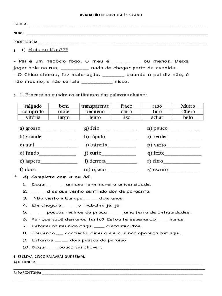 Avaliação De Portugues 5º Ano | PDF