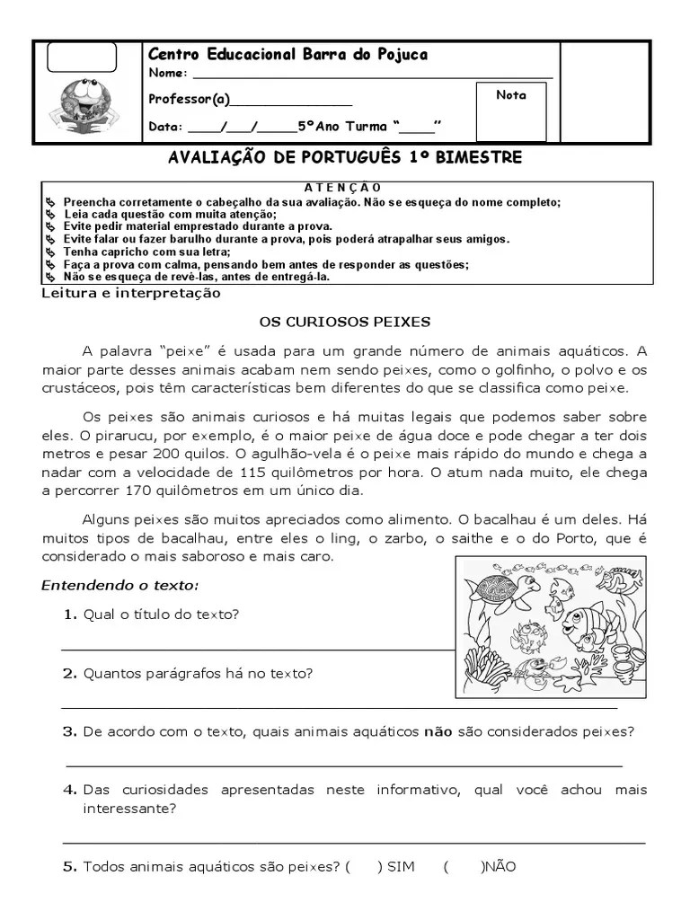 Avaliacao De Portugues 5º ANO | PDF | Sílaba | Peixes