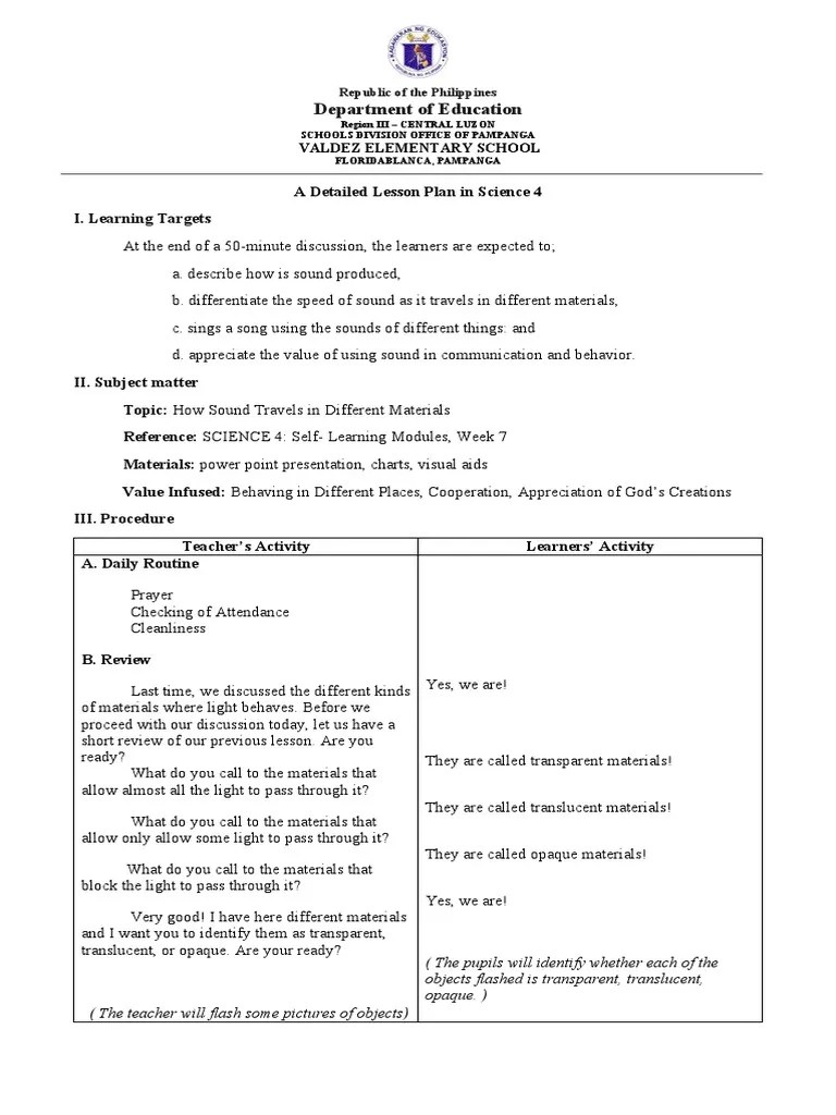 A Detailed Lesson Plan In Science 4 - SOUNDS | PDF | Sound | Waves
