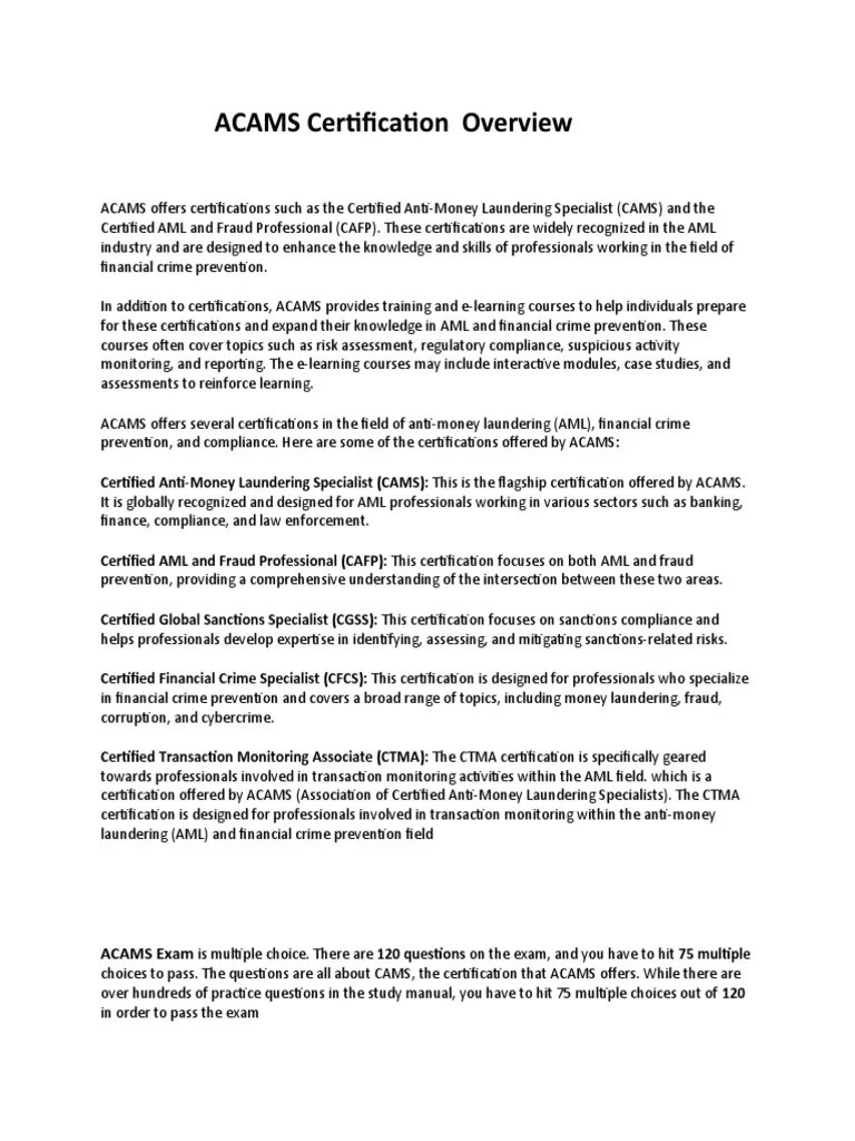 ACAMS Certification Overview | PDF | Money Laundering | Financial ...
