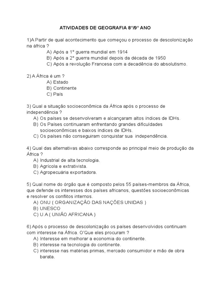 Atividades De Geografia 8°/9° Ano | PDF