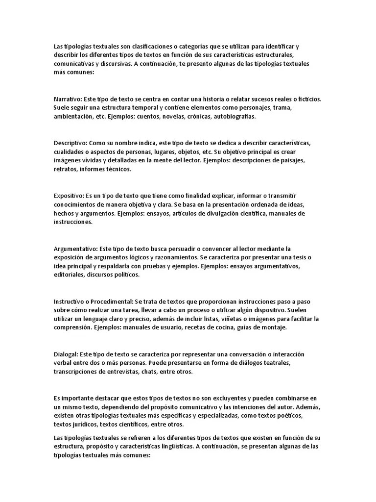 Las Tipologías Textuales Son Clasificaciones O Categorías Que Se ...