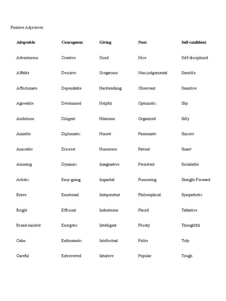 Positive And Negative Personality Adjectives | PDF | Psychology ...