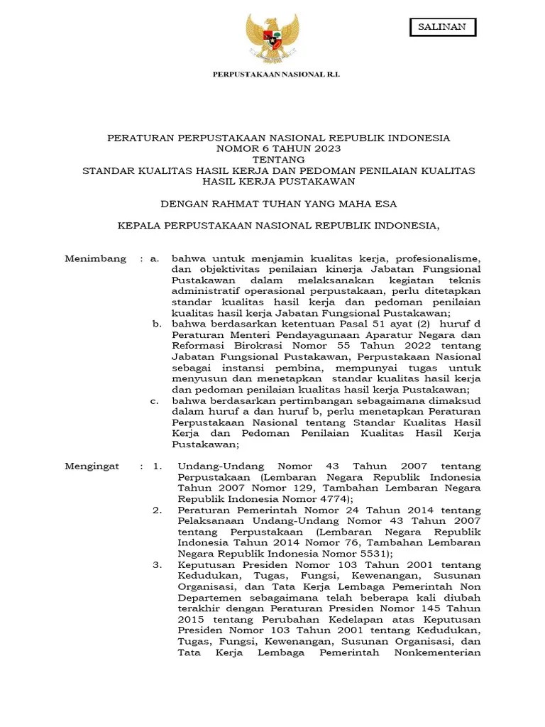 Peraturan Perpustakaan Nasional Nomor 6 Tahun 2023 Tentang Standar ...