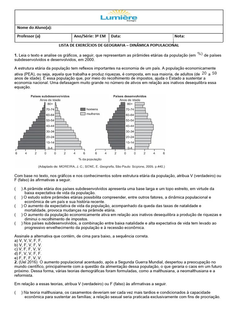 3º Em - Lista De Exercícios - Dinâmica Populacional | PDF | Setor ...