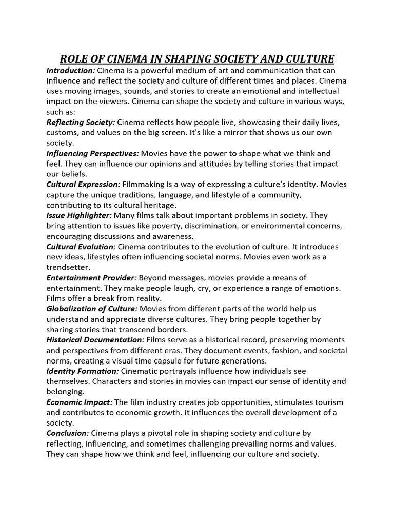 Role Of Cinema In Shaping Society And Culture | PDF