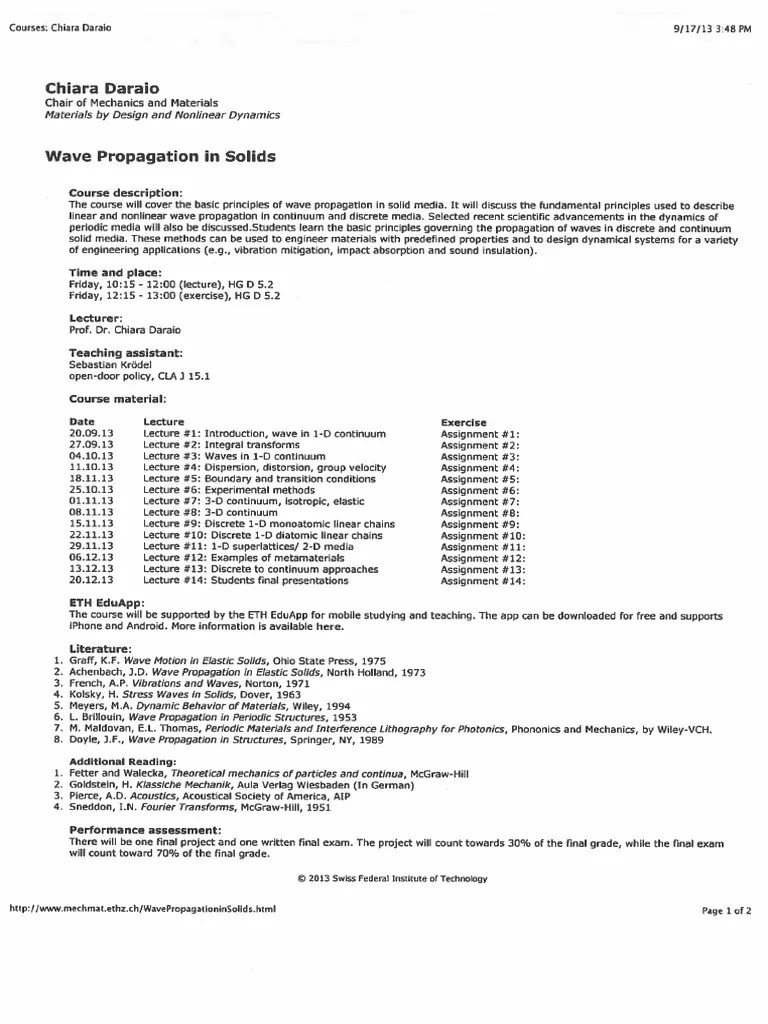 Lecture1 Wave Propagation In Solids - Lectures Prof Chiara Daraio | PDF