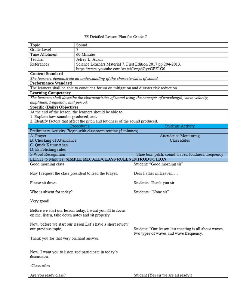 7E Detailed Lesson Plan For Sound Grade 7 | PDF | Sound | Waves