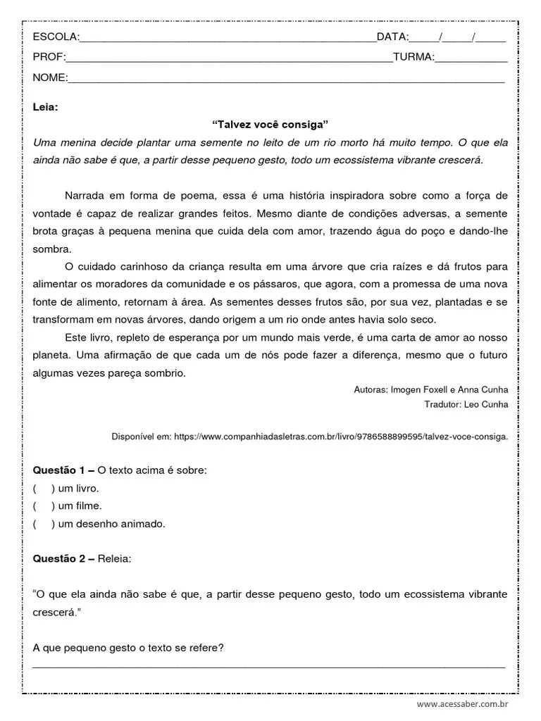 Interpretacao De Texto Talvez Voce Consiga 5o Ano PDF | PDF | Amor ...