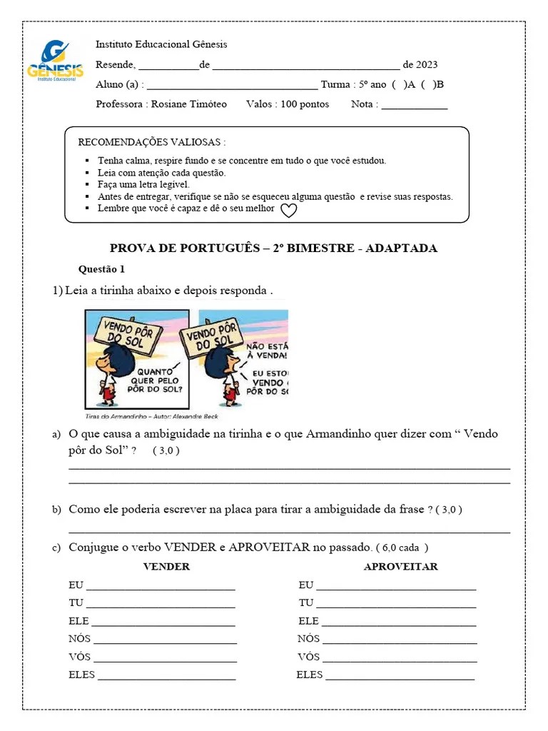 Prova De Português - 5º Ano - Adaptada | PDF | Assunto (gramática ...