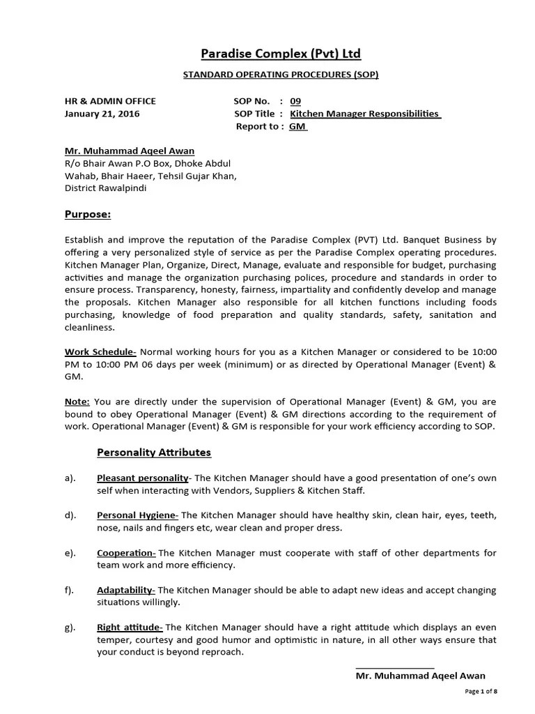 SOPs Of Kitchen Manager | PDF | Kitchen | Inventory