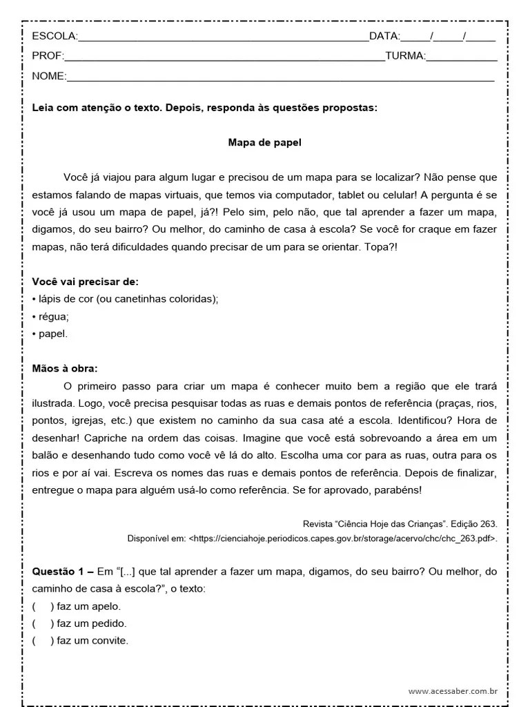 Interpretacao De Texto Mapa De Papel 5o Ano Word | PDF | Palavra