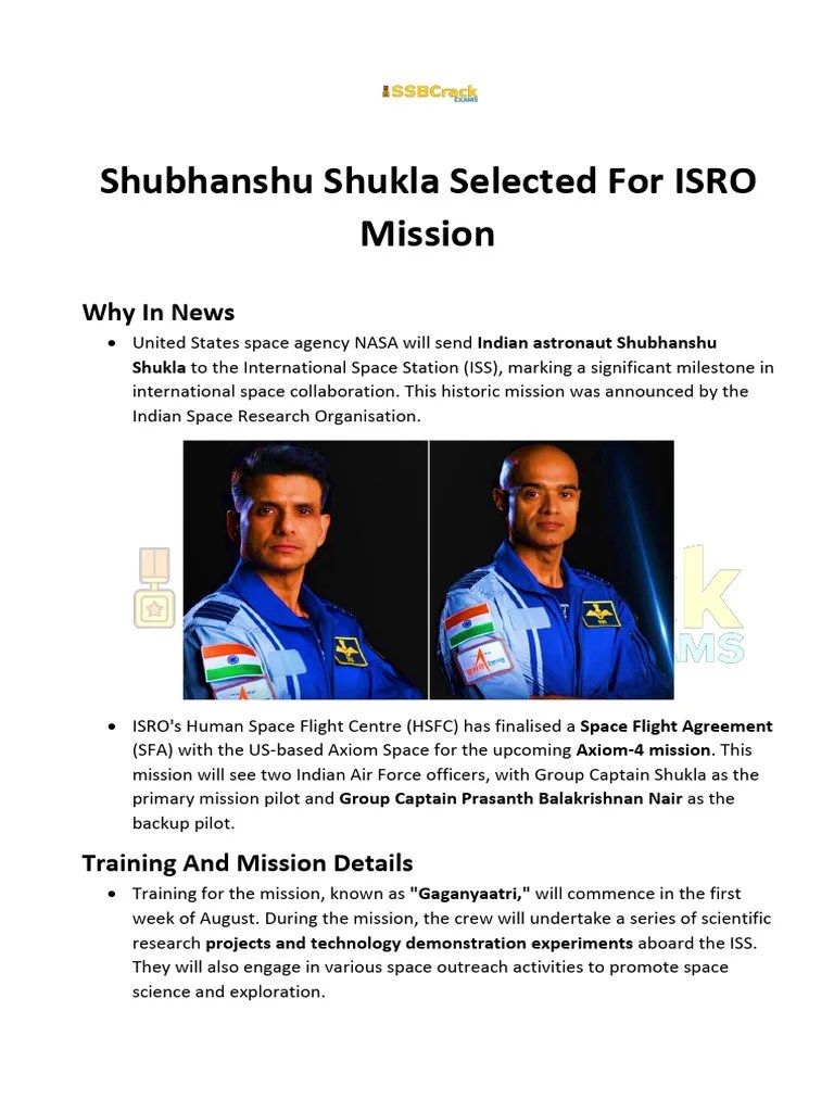 Shubhanshu Shukla Selected For ISRO Mission | PDF | Human Spaceflight ...