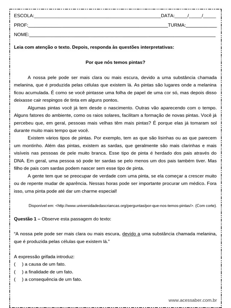 Interpretacao De Texto Por Que Nos Temos Pintas 5o Ano Word | PDF