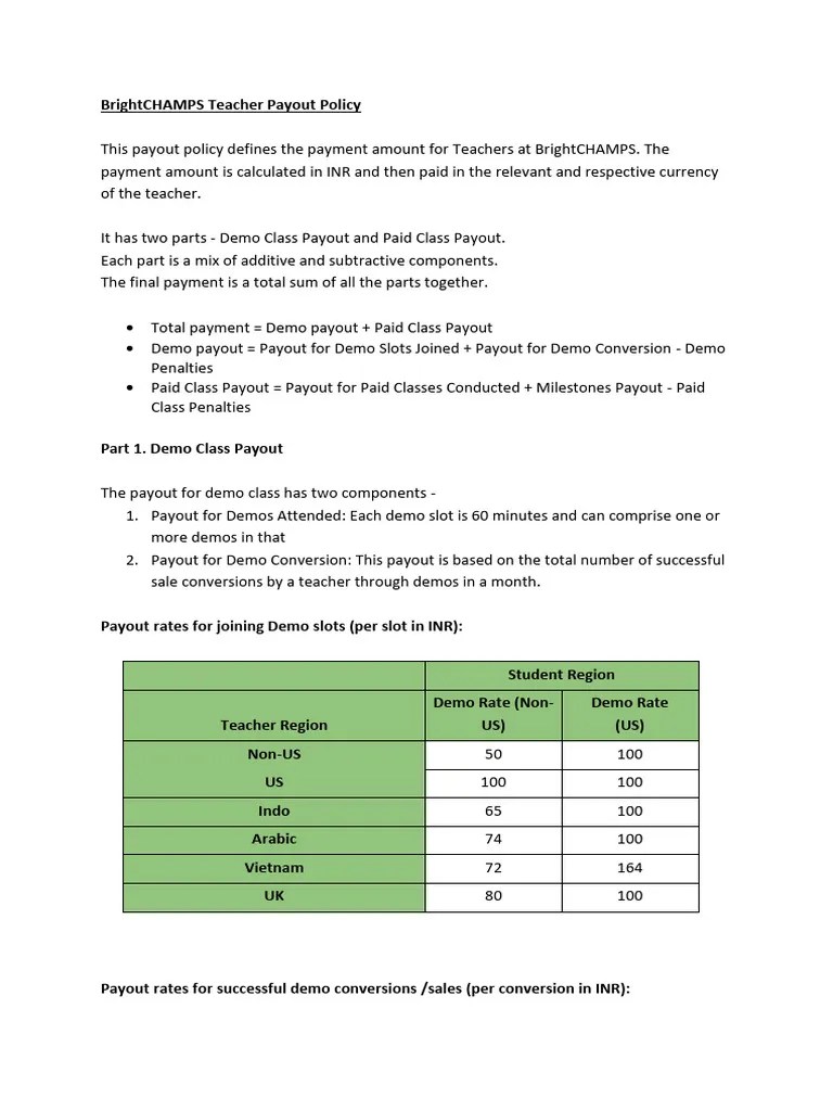 BrightCHAMPS Teacher Payout Policy | PDF | Payments