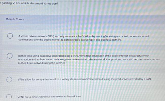 Solved Regarding VPN's Which Statement Is Not True? Multiple | Chegg.com