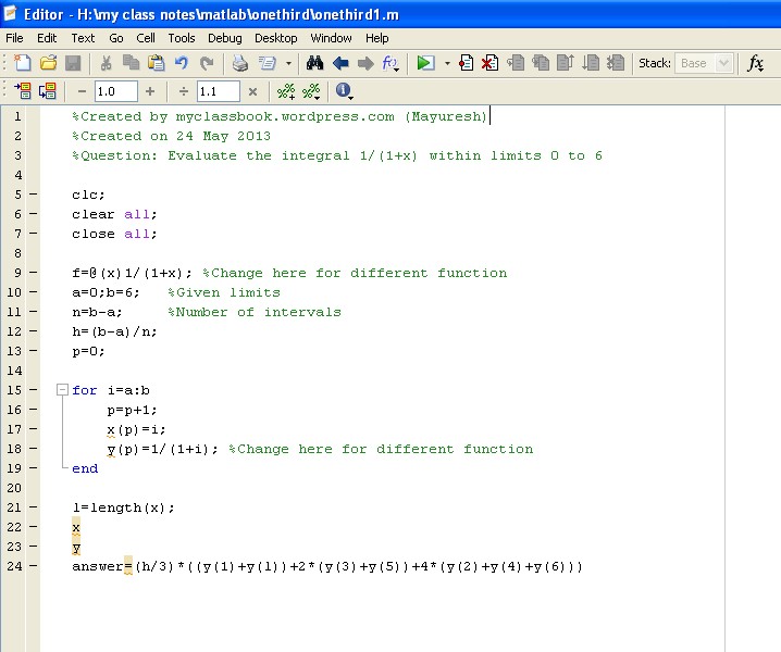 Simpsons 13rd Rule Matlab Program Examples Myclassbook