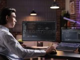 Asian Developer Using Binary Code Stock Photo Image Of Internet