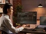 Programmer Using Binary Code For Website Interface Development Stock