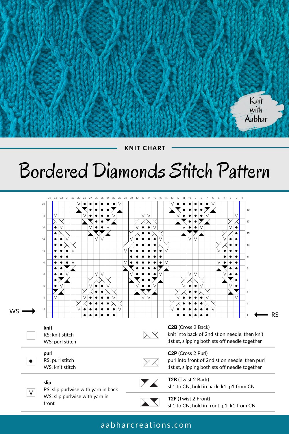 Bordered Diamonds Stitch Pattern | Knit with Aabhar | Aabhar Creations