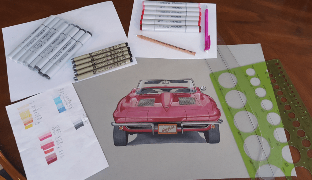 1963 Corvette Front View Drawing - Aaron Thomas Art Automotive Artwork