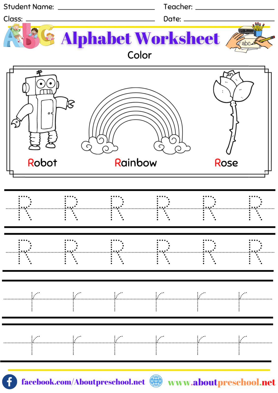 Alphabet Color and Trace Worksheet-R - About Preschool