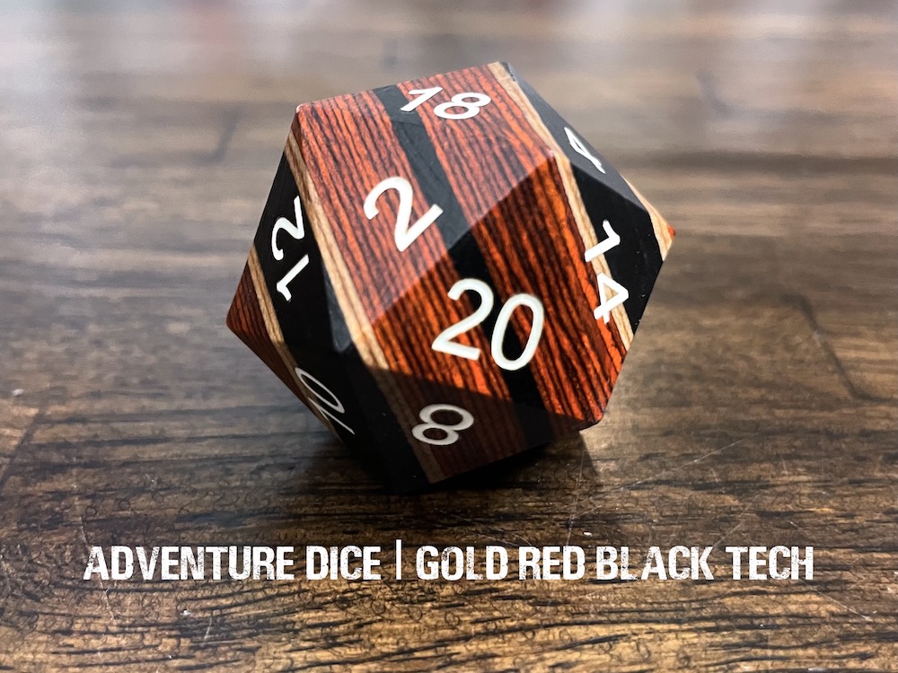 Gold Red Black Tech large wood D20 – Adventure Dice