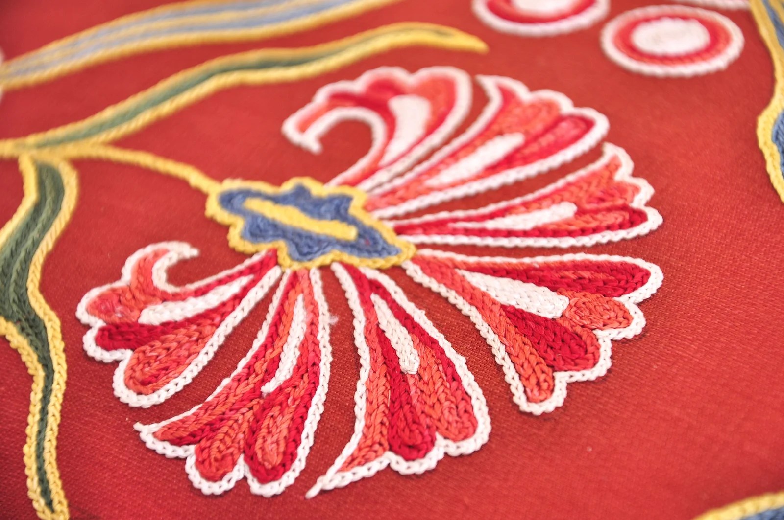 Red Suzani Tulip Embroidered Pillow - Authentic Designer Fabric, Woven ...