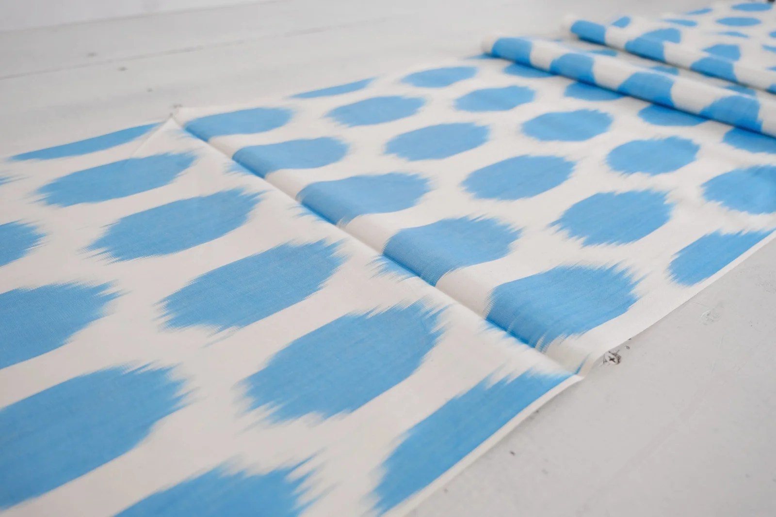 "Sky Blue Cotton Ikat Fabric Handwoven with Polka Dot Design"