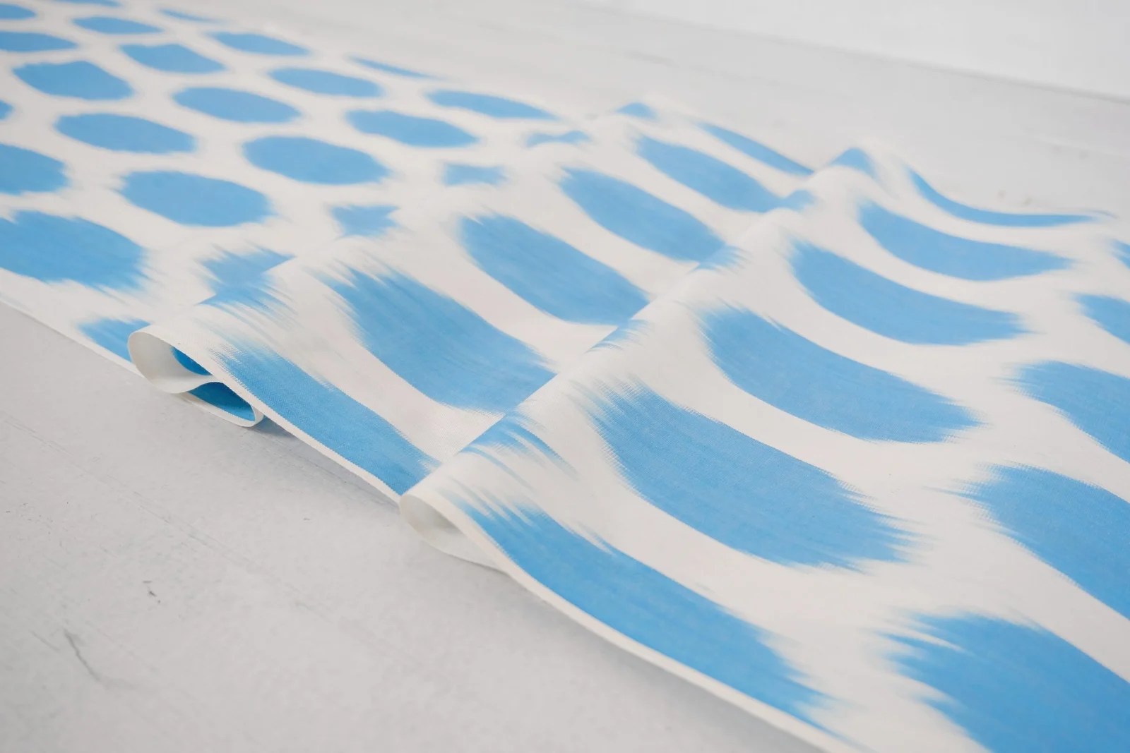 "Sky Blue Cotton Ikat Fabric Handwoven with Polka Dot Design"