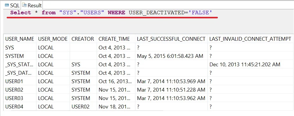 How to list all SAP HANA users with their lock status