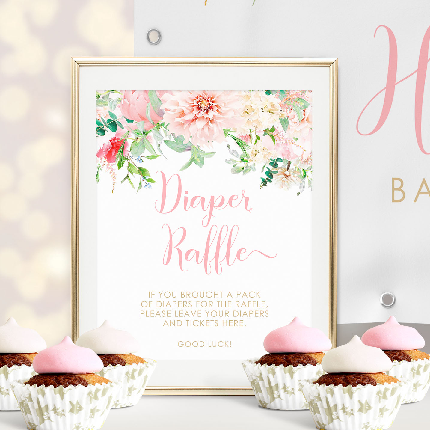 Printable Pink Floral Diaper Raffle Sign - Anna & Ivey Design Co