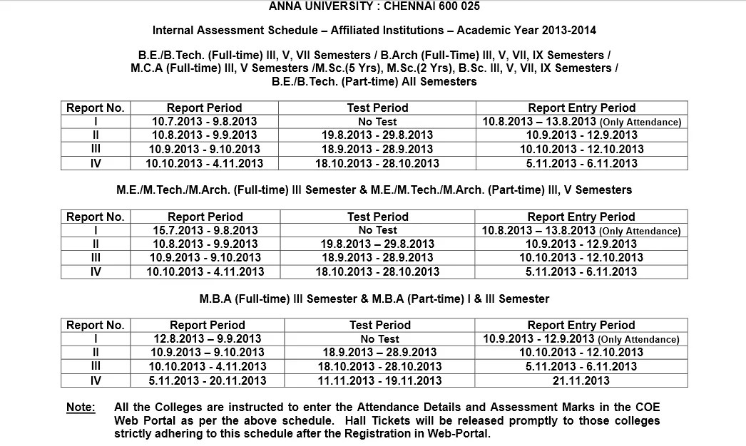 Anna University Internal Assessment Schedule For All Affiliated Colleges