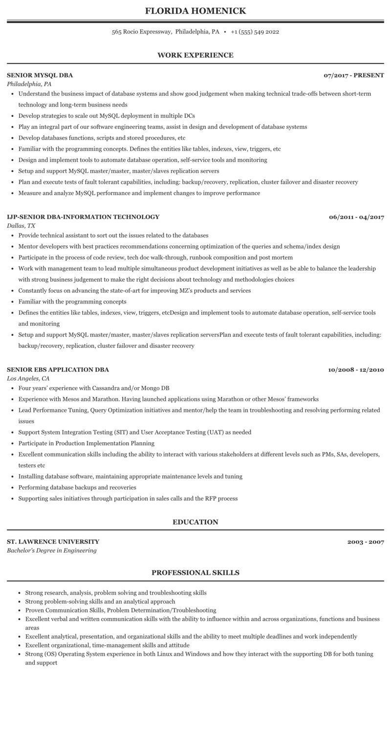 DBA, Senior Resume Sample (2022)