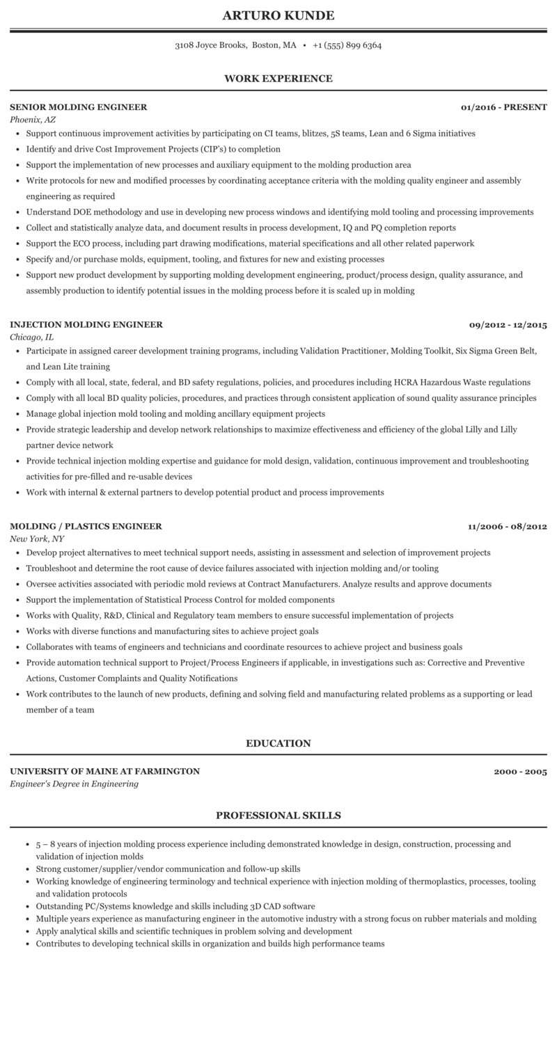 Injection Molding Engineer Resume Sample at Marilyn Pierre blog
