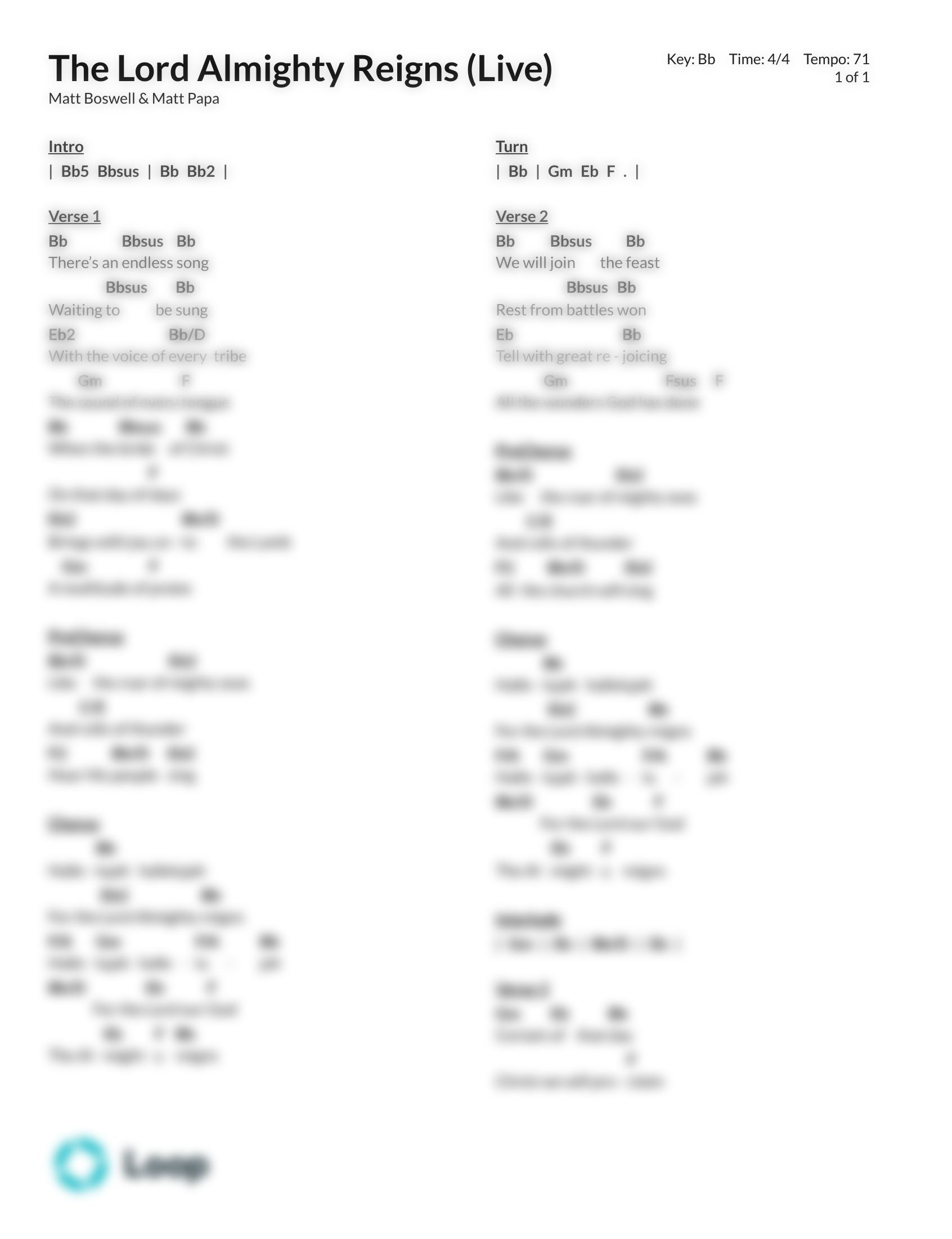 The Lord Almighty Reigns Live Chord Chart Pdf Download Loop Community