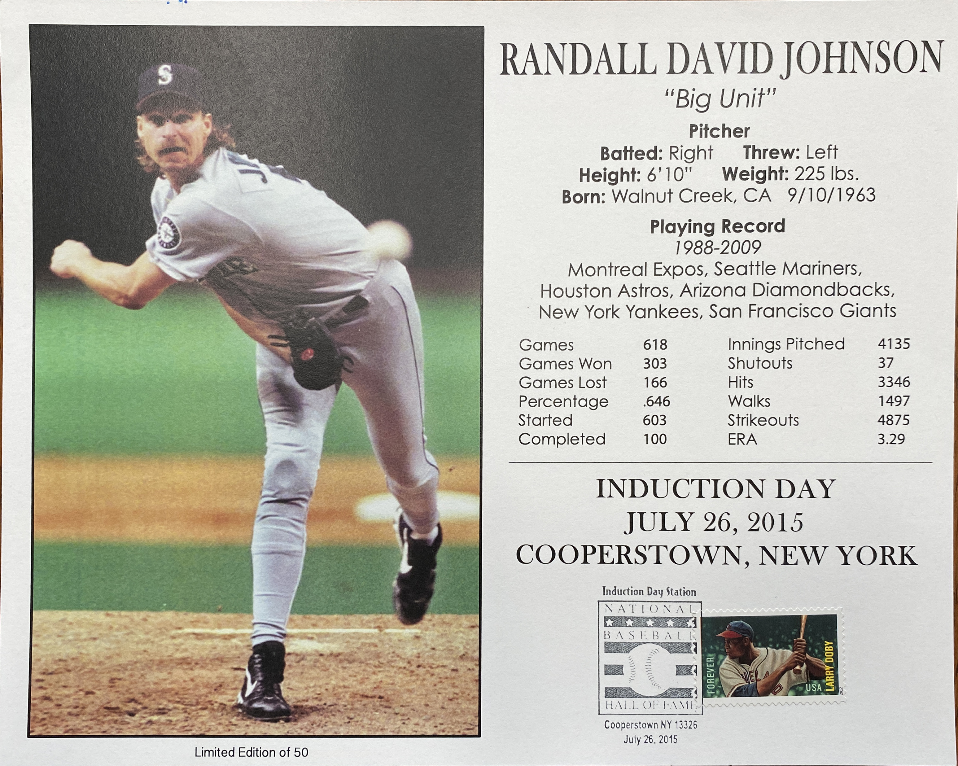 Randy Johnson – Postmarked Limited Edition Induction Style Card ...