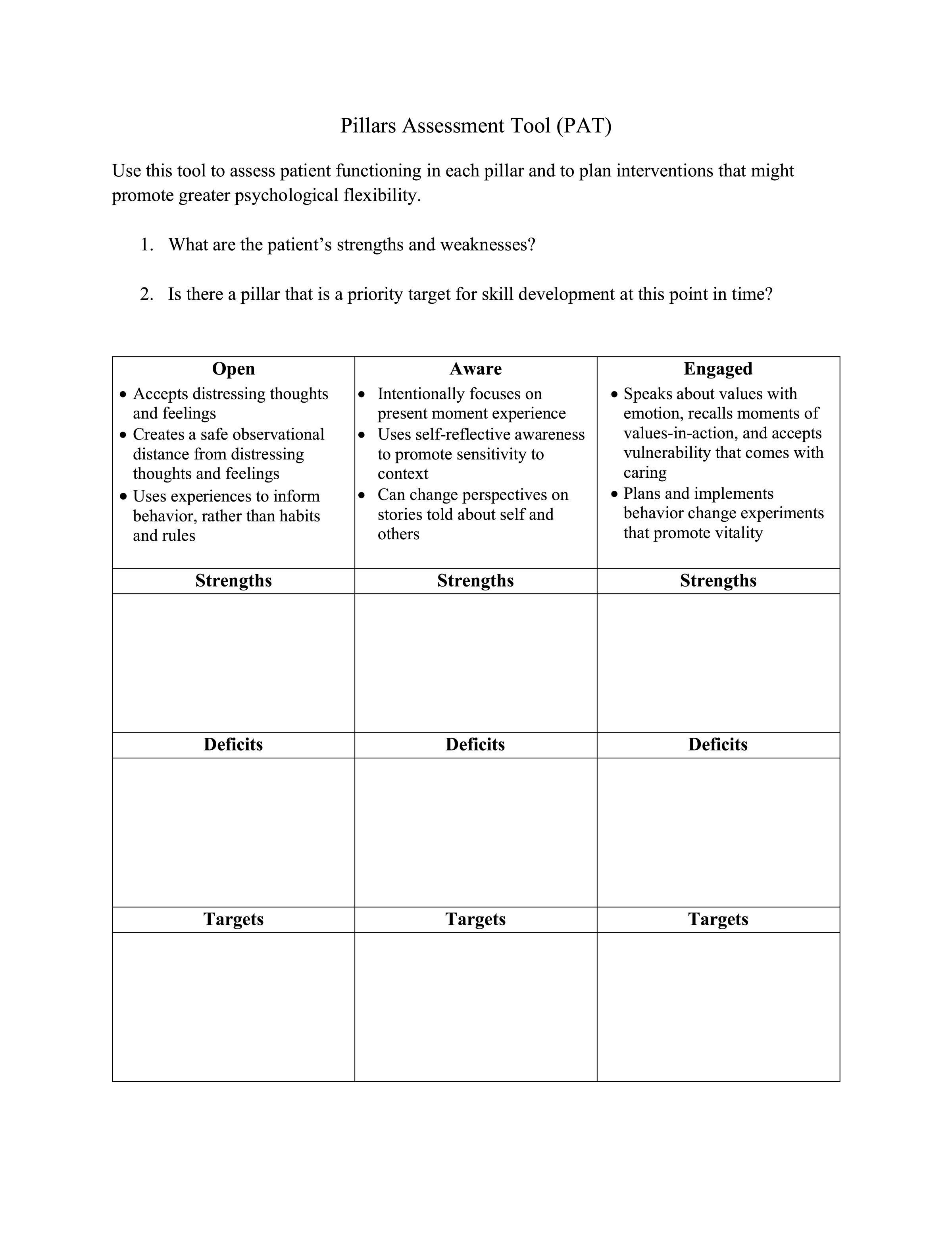 Pillars Assessment Tool | Basics of Behavior Change in Primary Care