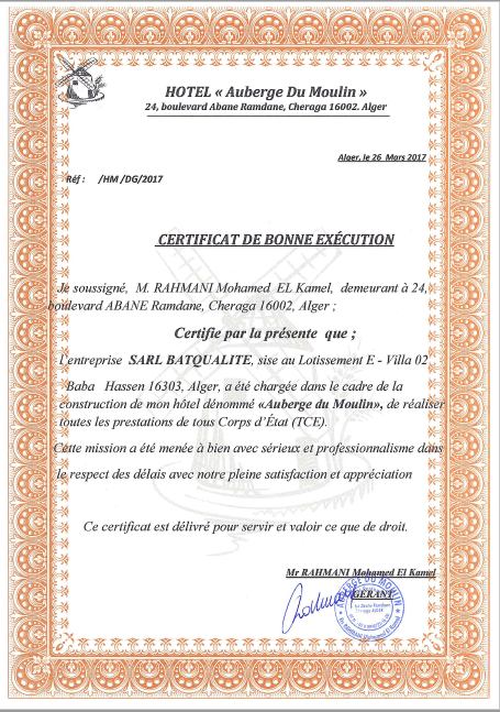 CERTIFICAT DE BONNE EXÉCUTION " AUBERGE DE MOULIN " - BATQUALITE