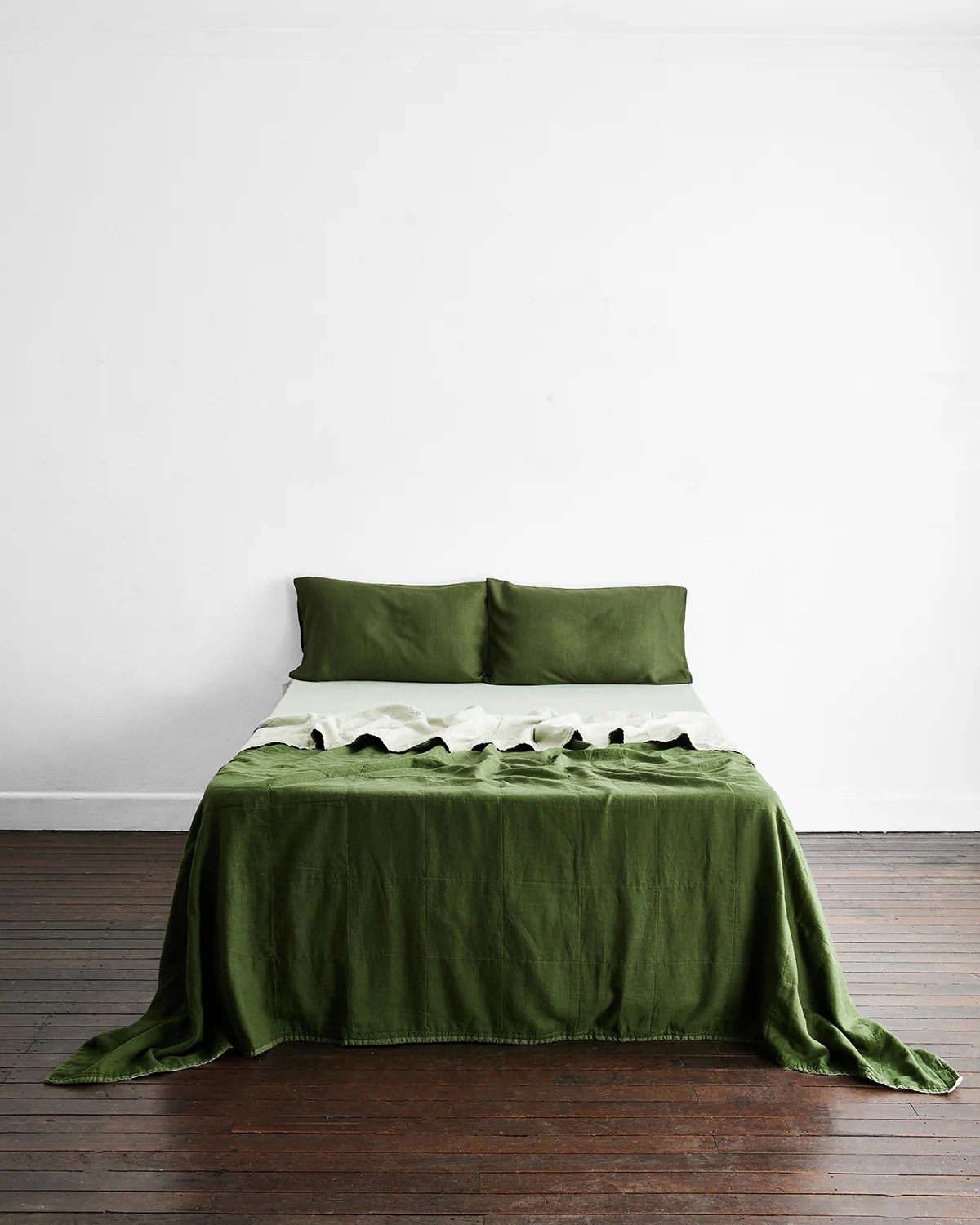 100 French Flax Linen Quilt Set Sage Olive Bed Threads