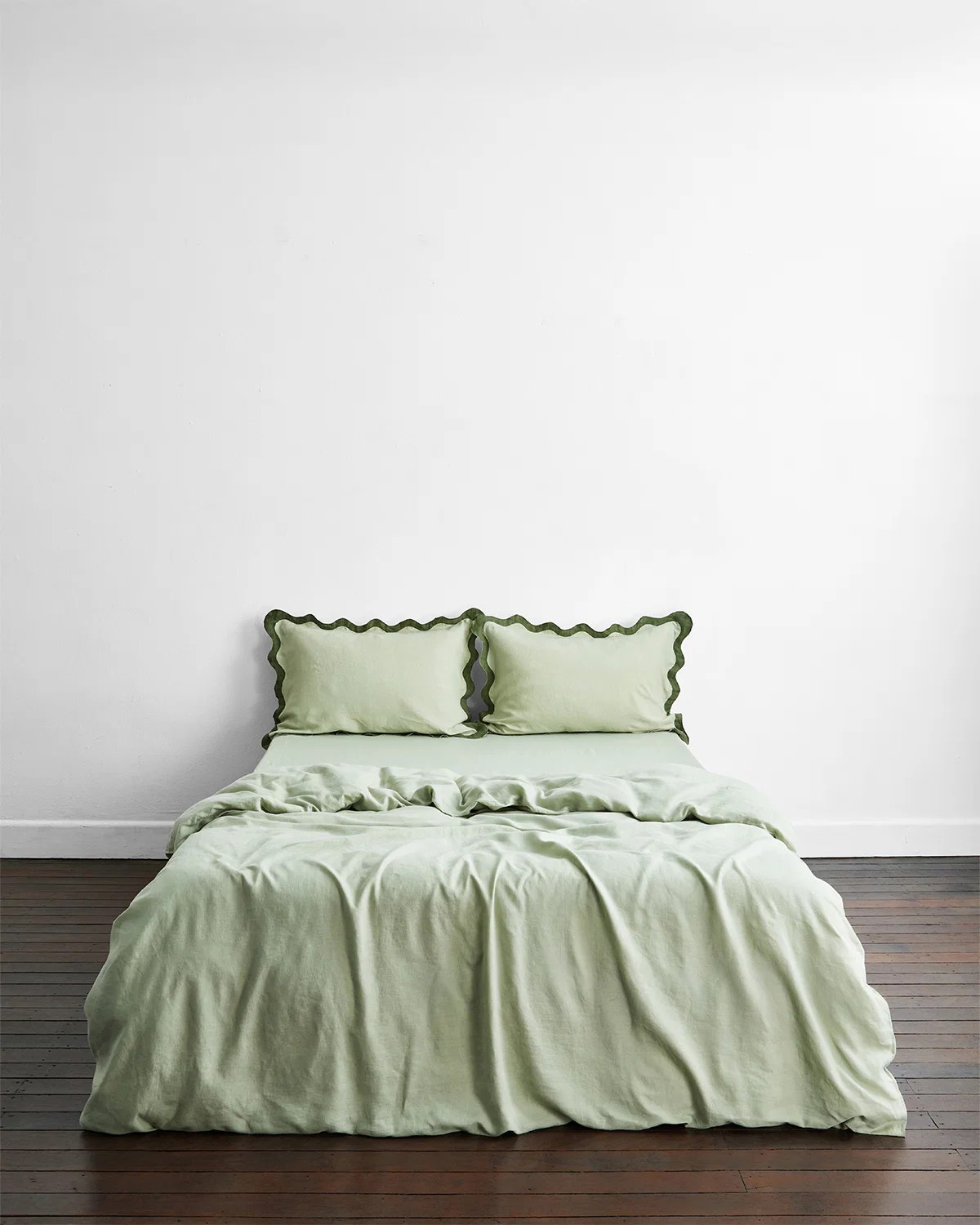 100 French Flax Linen Scalloped Pillowcase Sage Olive Scalloped