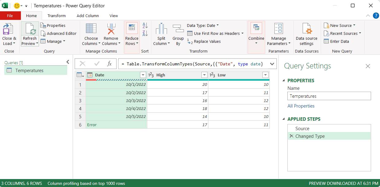 Excel Power Query Data Type Error